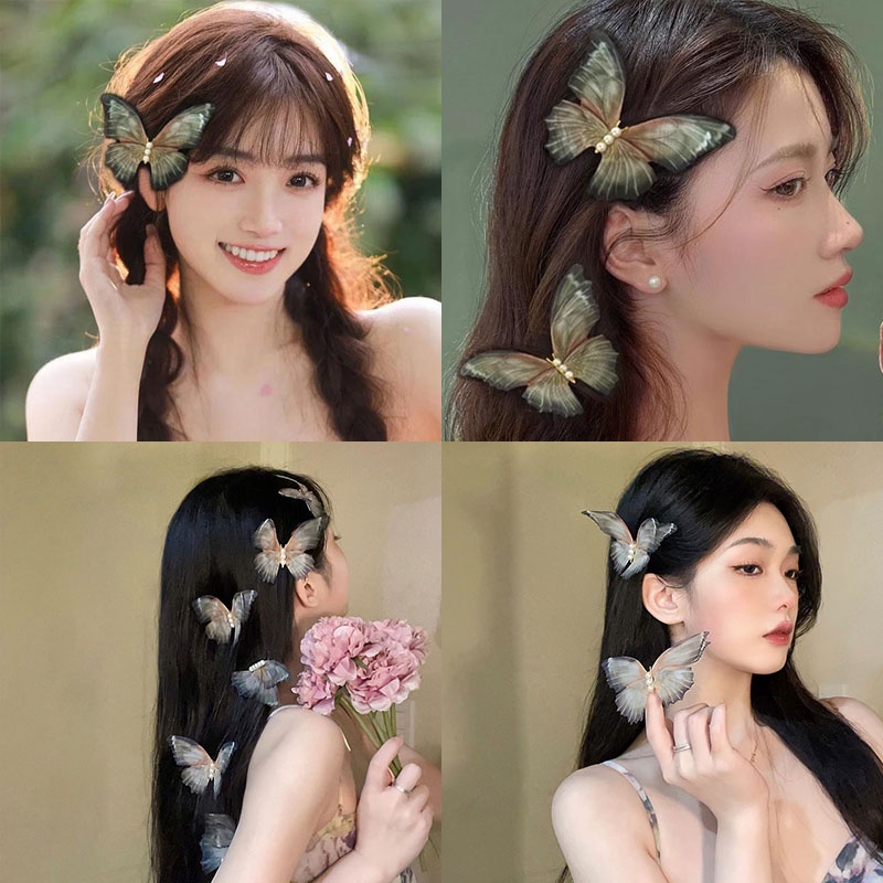 Japanese and Korean Fashion Mesh Pearl Butterfly Hair Clip with Side ...