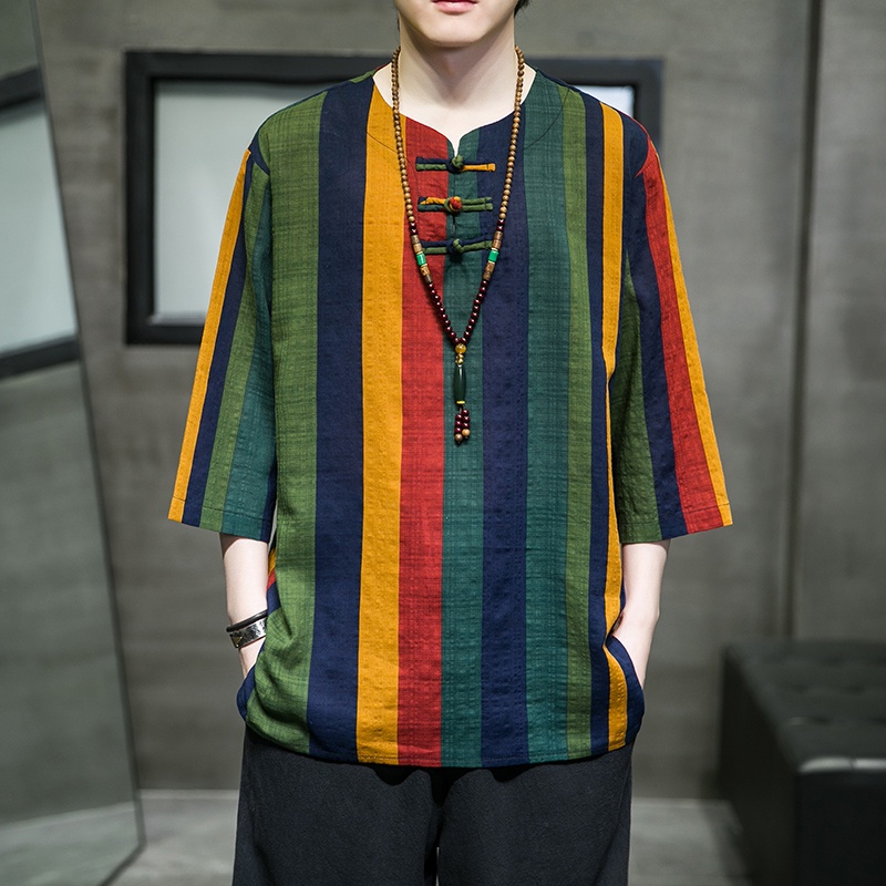 Spring and summer Chinoiserie men's striped printed Chinese Han suit ...