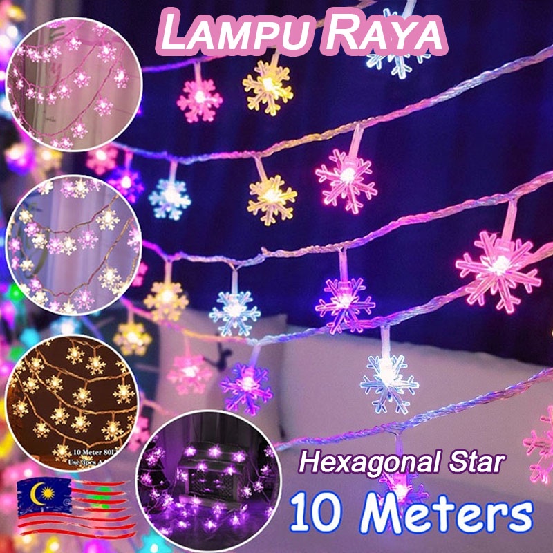 Lampu Raya 10Meter LED Hexagonal star lights 80LEDS Snowflake LED ...