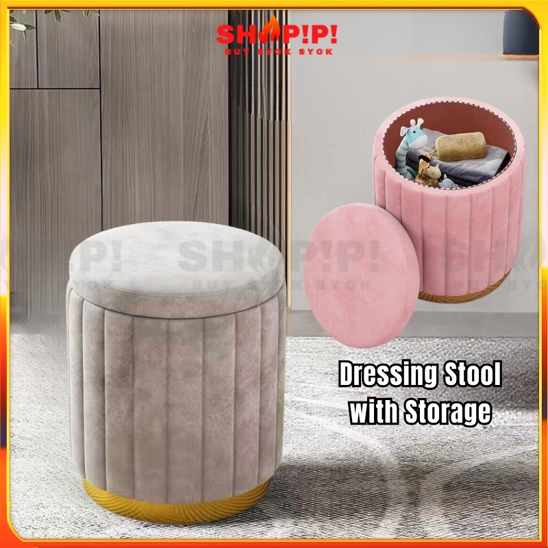 SHOPIPI 017 Velvet Round Dressing Stool with Storage Makeup Stool ...