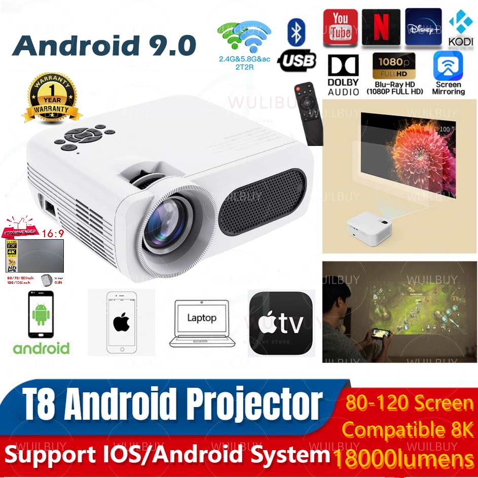 💝HOT SALE💝 18000 Lumens T8 Projector 1080P WIFI LCD Mini Projector ...