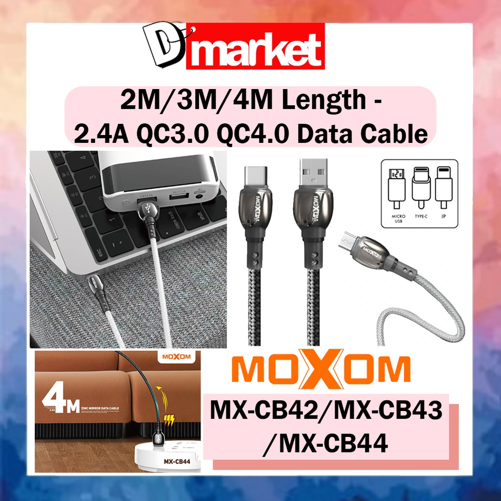 Moxom MX-CB42 MX-CB43 MX-CB44 2M / 3M / 4M Zinc Mirror QC3.0 QC4.0 2.4A Data Cable Charging ...