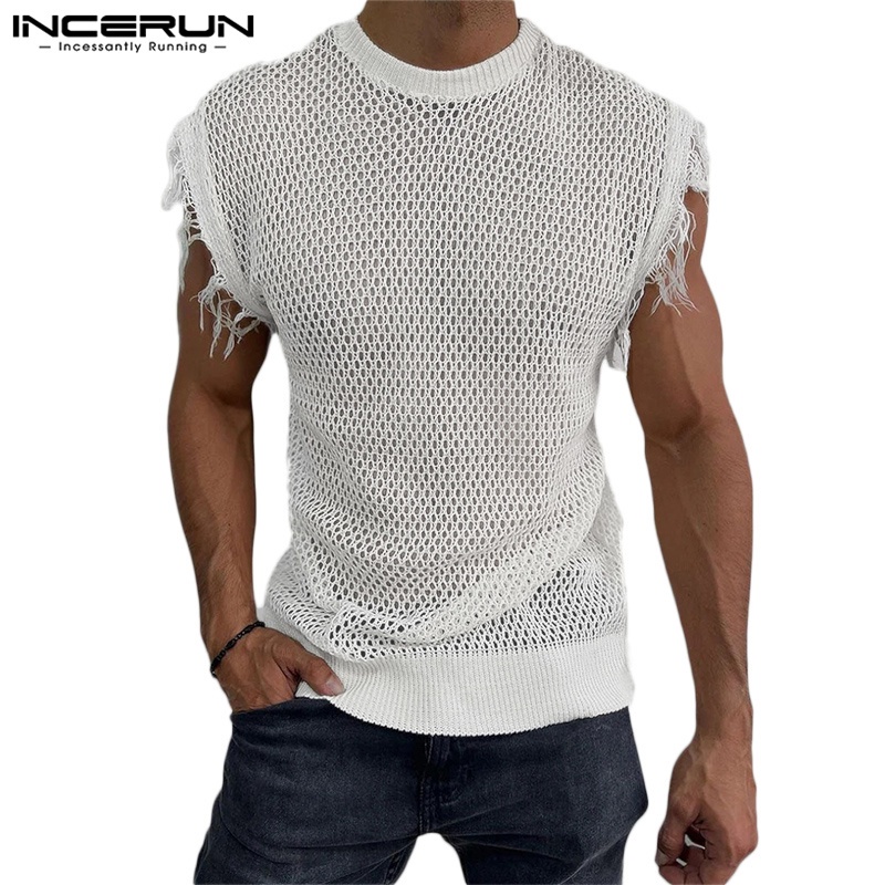 INCERUN Men Vintage Fashion Mesh Round Neck Patchwork Fringe Sleeveless ...