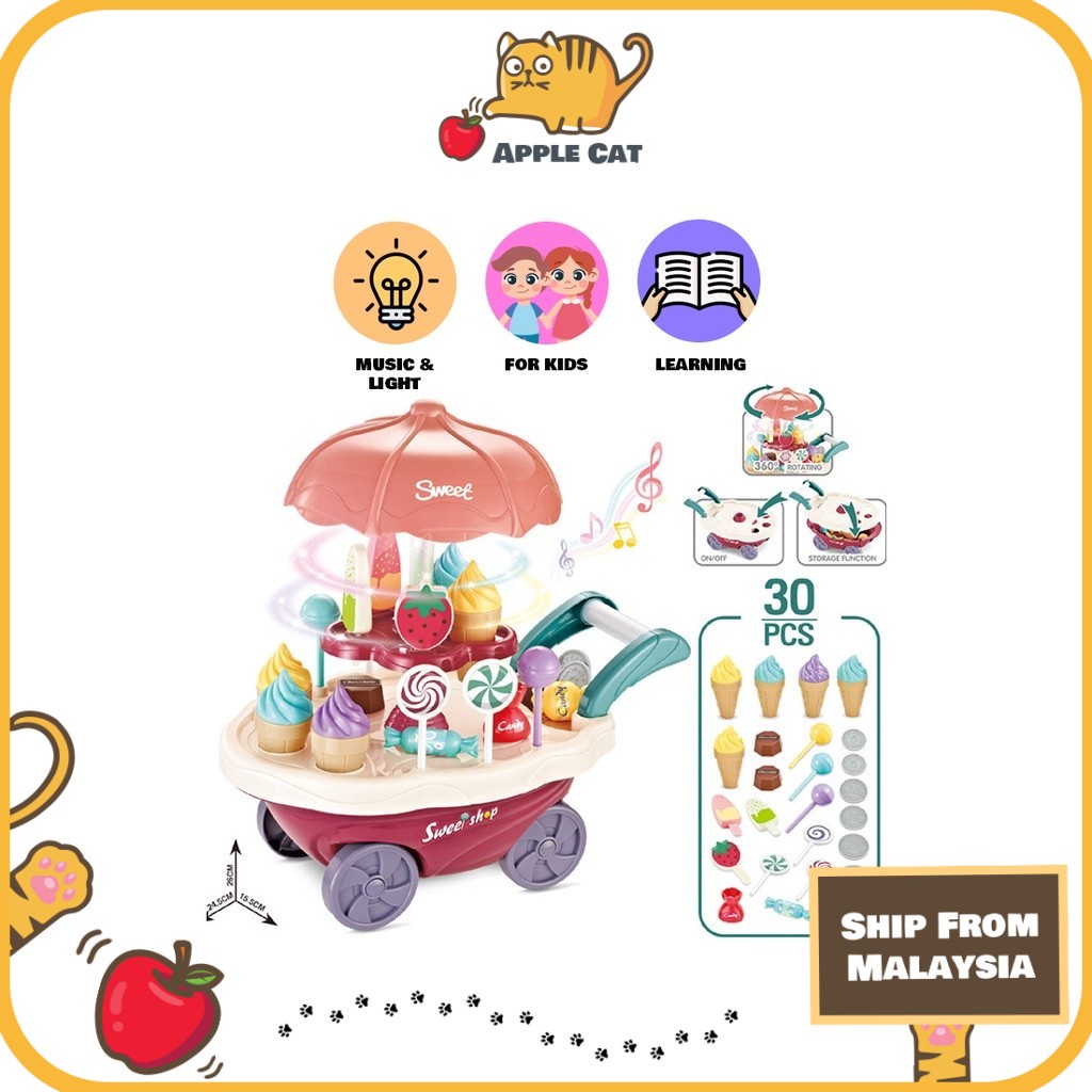 Apple Cat 30 PCS Ice Cream Candy Cart Kitchen Playset Kids Toy Girls ...