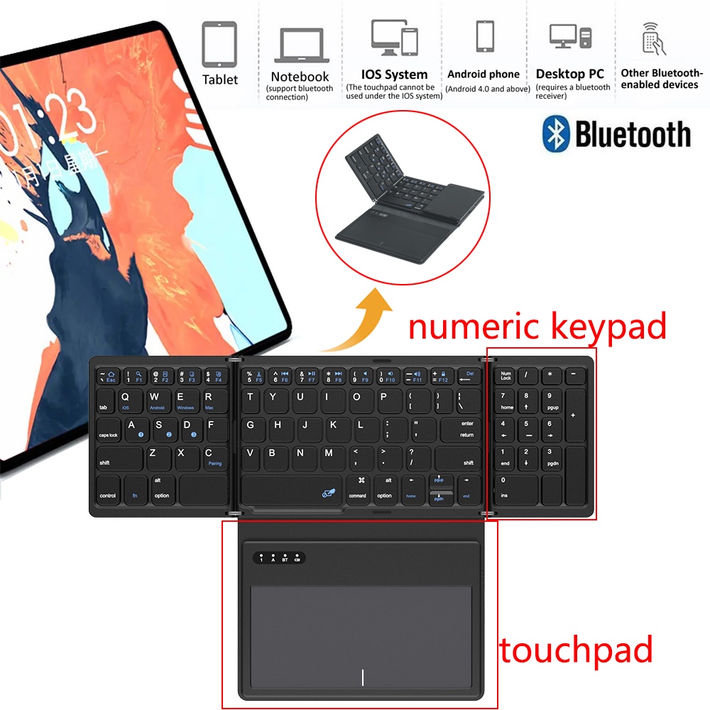 NEW 2023 Portable Bluetooth Wireless foldable folding Keyboards Integrated with Touchpad for ...