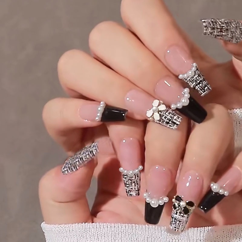 24pcs 3D Long False Nail with Elegant Pearls Art Design Fake Nail Art ...