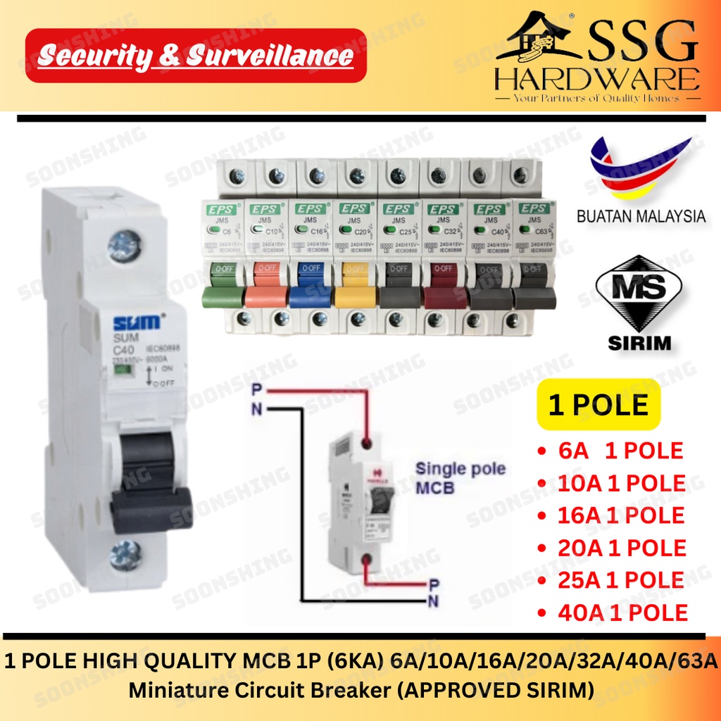 1 POLE HIGH QUALITY MCB 1P (6KA) 6A/10A/16A/20A/32A/40A/63A Miniature Circuit Breaker (APPROVED ...