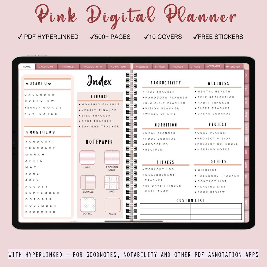 Digital Planner Undated 2023/2024 - Pink Rose with hyperlinks tabs for ...