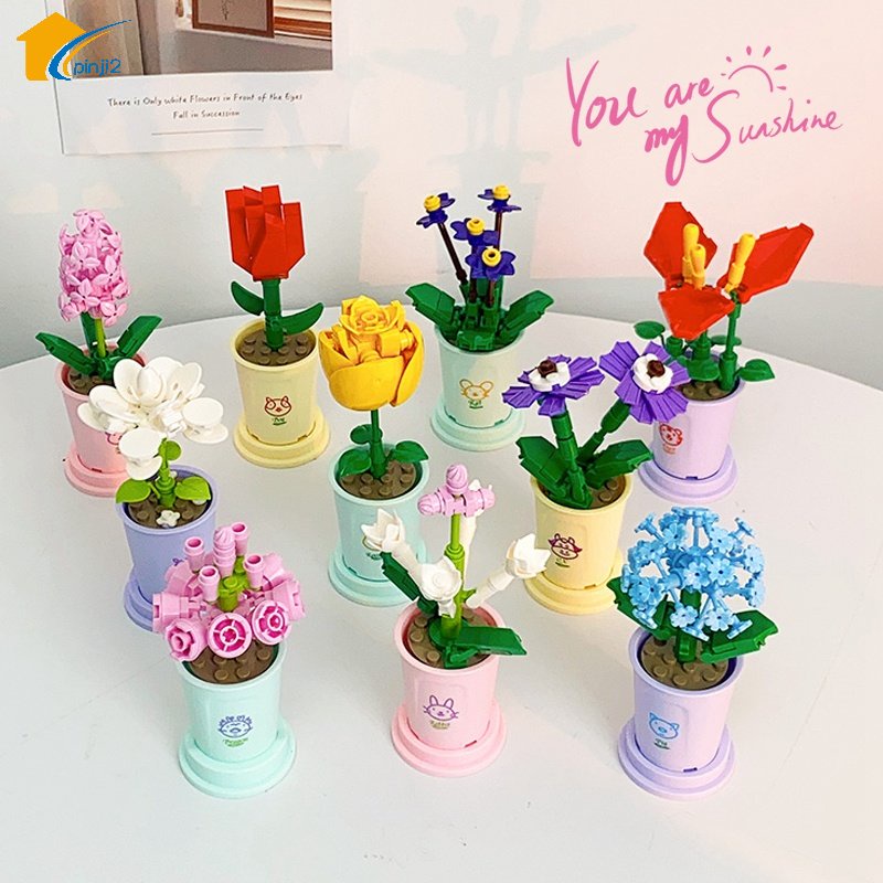 Creative Mainan Flower Building Blocks DIY Potted Building Block ...