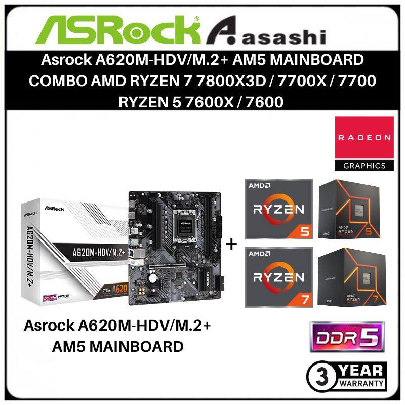 Asrock A620M-HDV/M.2+ AM5 MAINBOARD COMBO AMD RYZEN 7 7800X3D / 7700X ...