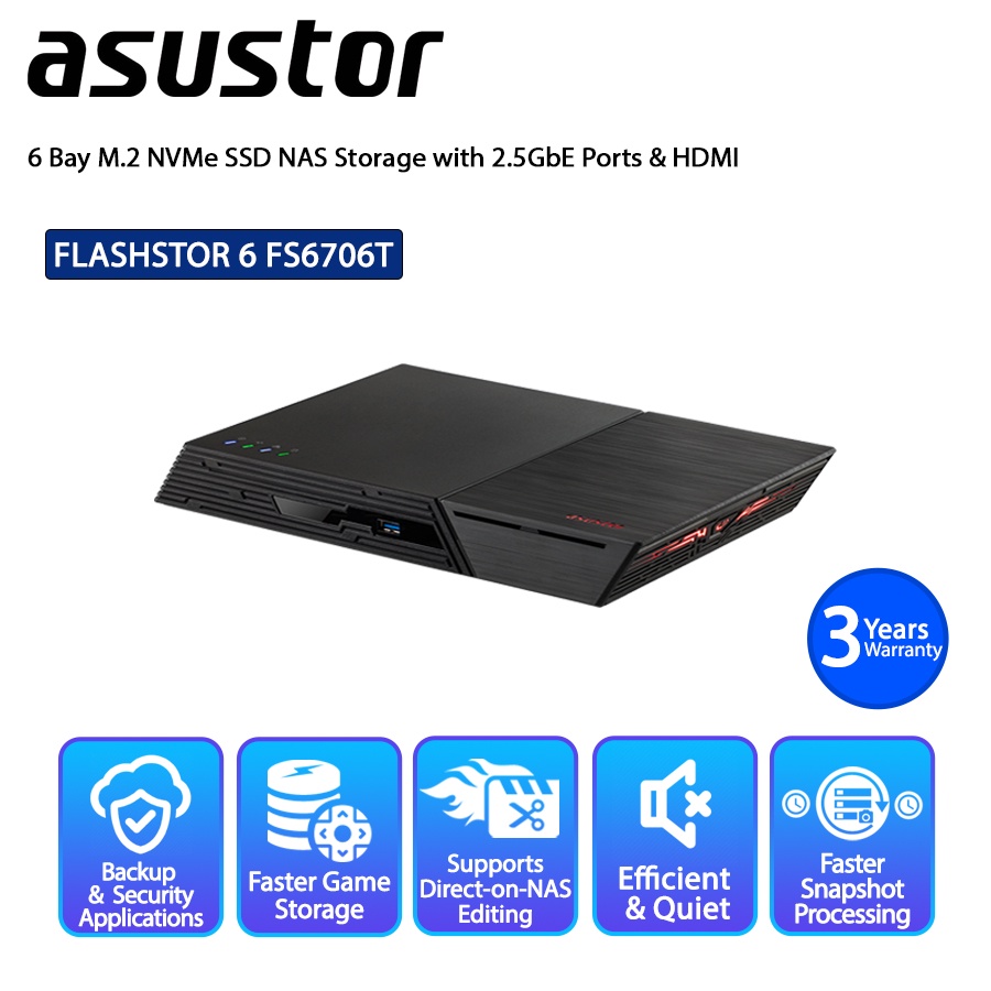 Asustor FLASHSTOR 6 FS6706T 6 Bay M.2 NVMe SSD NAS Storage with 2.5GbE ...