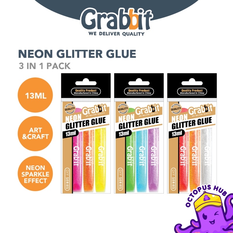 OCTOPUS GRABBIT Neon Glitter Glue School Office Colorful DIY Glue 13ml ...