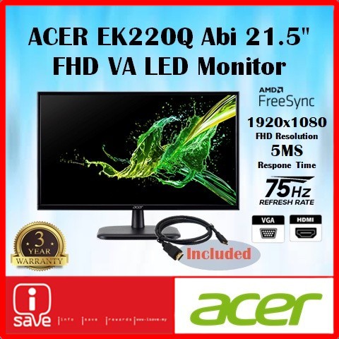 ACER 21.5" EK220Q Abi VA PANEL FHD 1920x1080 75Hz 5ms LED MONITOR ( VGA ...
