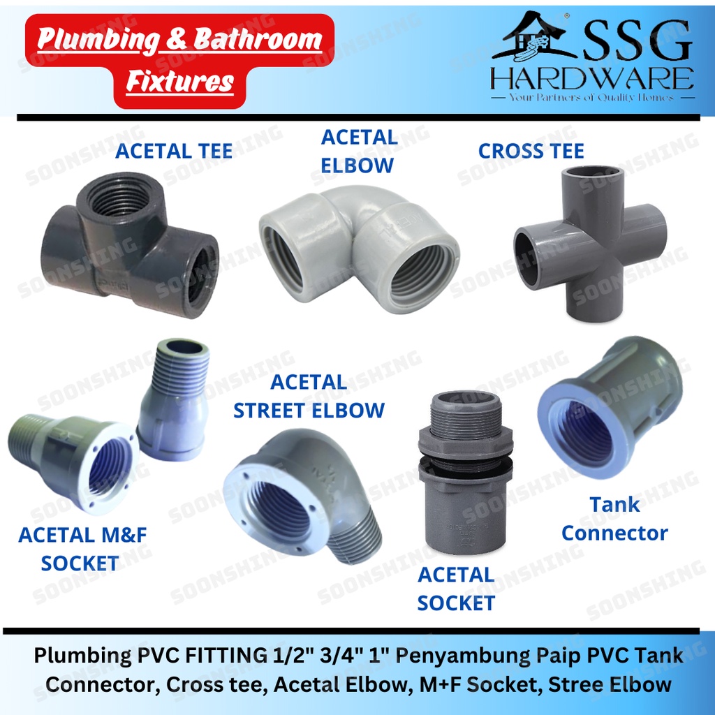 Plumbing PVC FITTING 1/2" 3/4" 1" Penyambung Paip PVC Tank Connector, Cross tee, Acetal Elbow, M ...