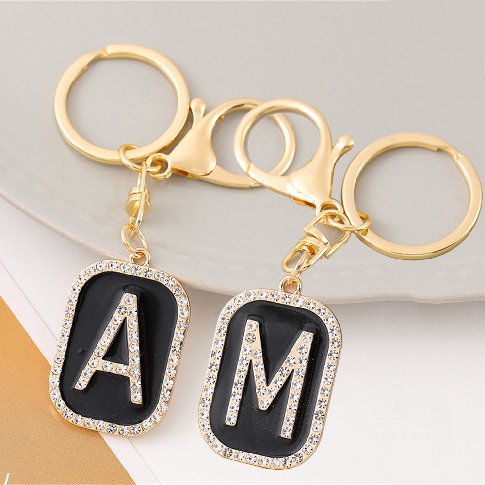 Exquisite Rhinestone 26 Letter Keychain Simple Black Enamel Initials ...