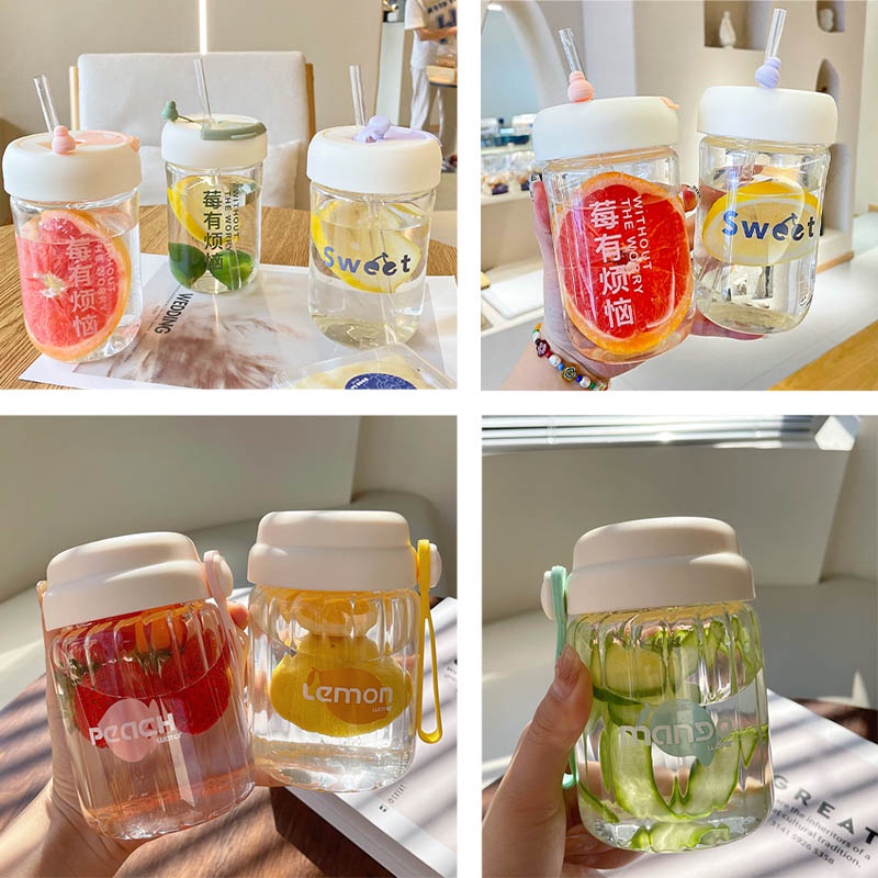 Ins 300ML / 450ml Mini Small Girl Cute Cup with Straw Glass Water Bottle Nice Simple Portable ...