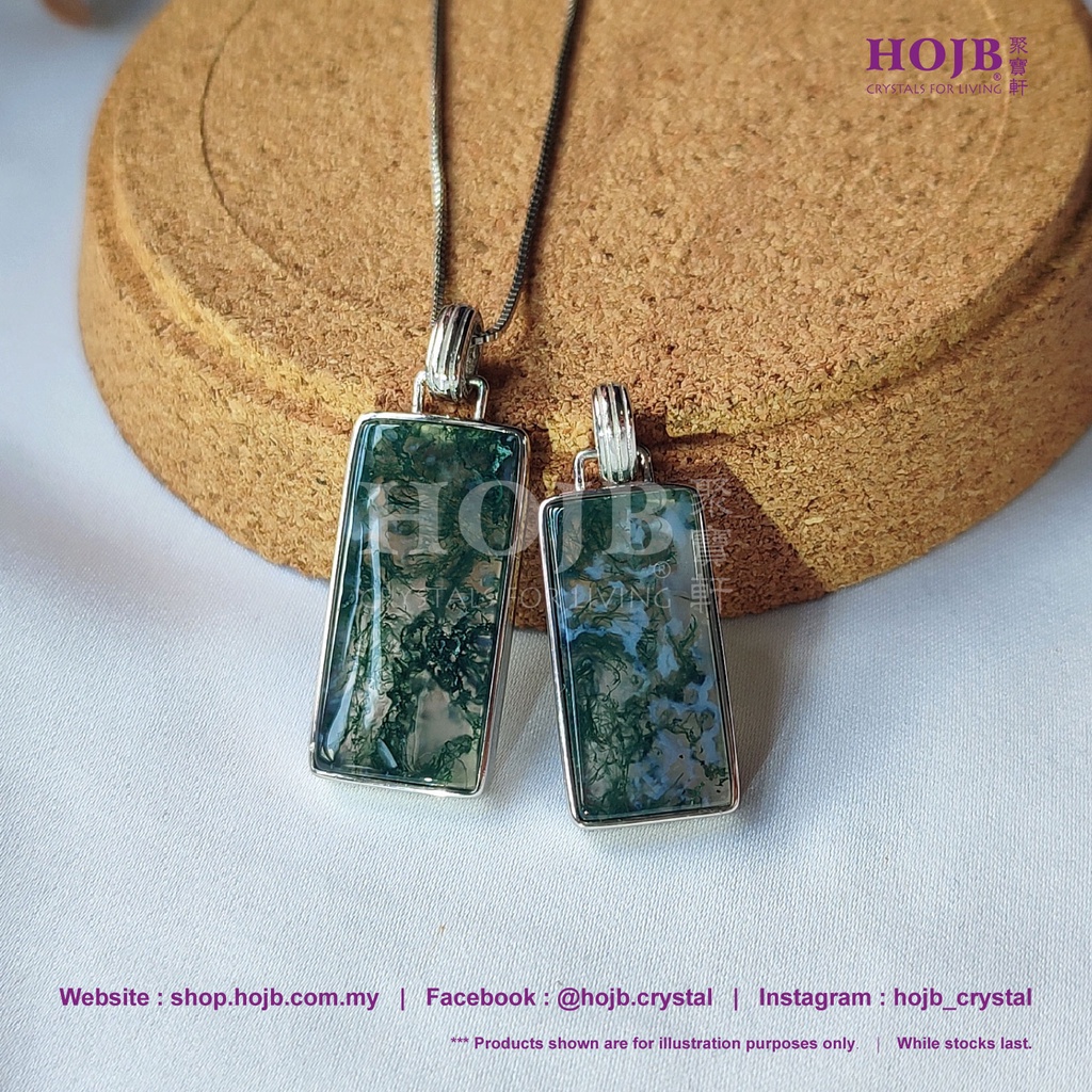 HOJB Natural Brazilian Moss Agate 5A Rectangle S925 Pendant 23-26mm 聚寳軒天然巴西苔藓玛瑙5A长方形S925银吊坠23 ...