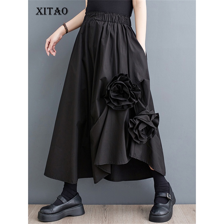 XITAO Floral Black Skirt Fashion Women Elegant Goddess Fan Irregular ...