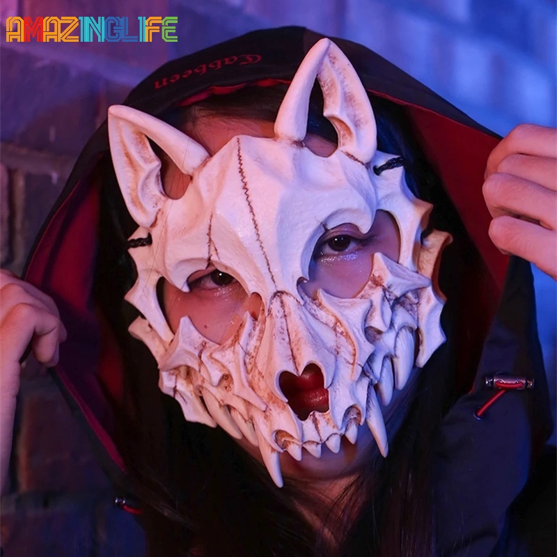 Horror Atmosphere White Cat Half-face Mask/ Dragon Tiger Man Wolf Mask ...