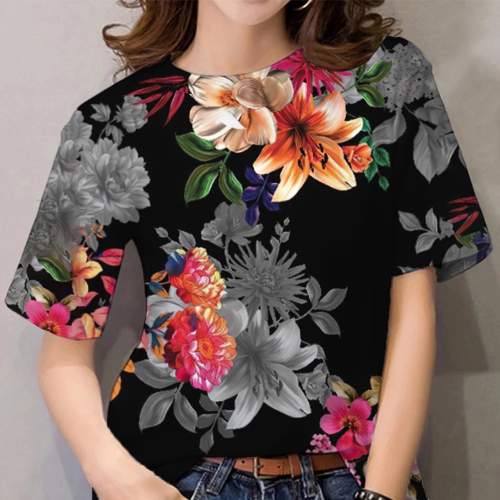 Beautiful Flower T-shirt For Women O Neck Tee Loose Oversized Short ...