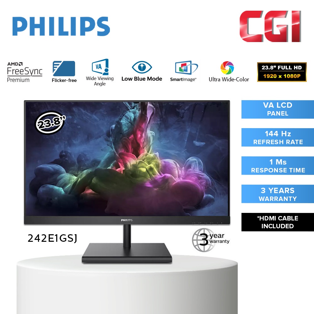 Philips 242E1GSJ 23.8" 1ms 144Hz FHD FreeSync VA LED Gaming Monitor ...