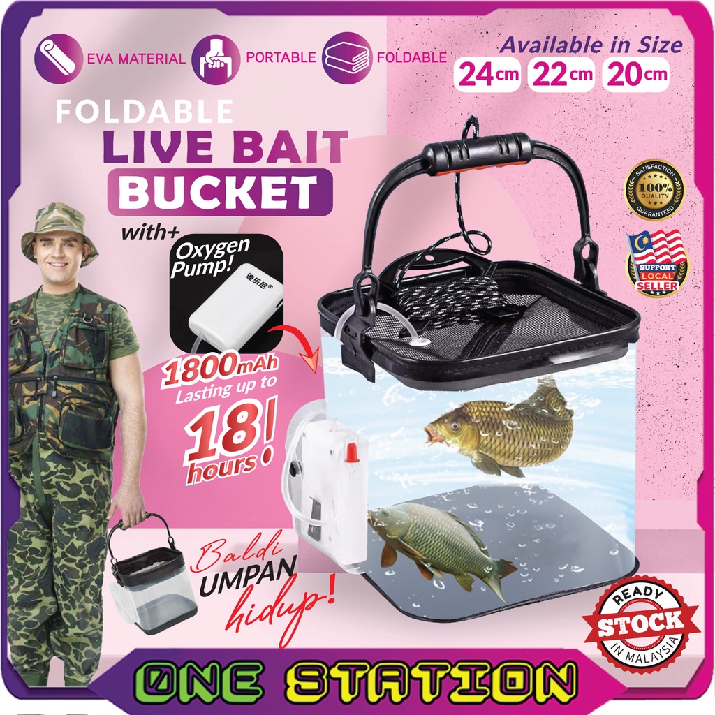 Foldable Live Bait Bucket with Oxygen Pump Barang Pancing Baldi Umpan ...