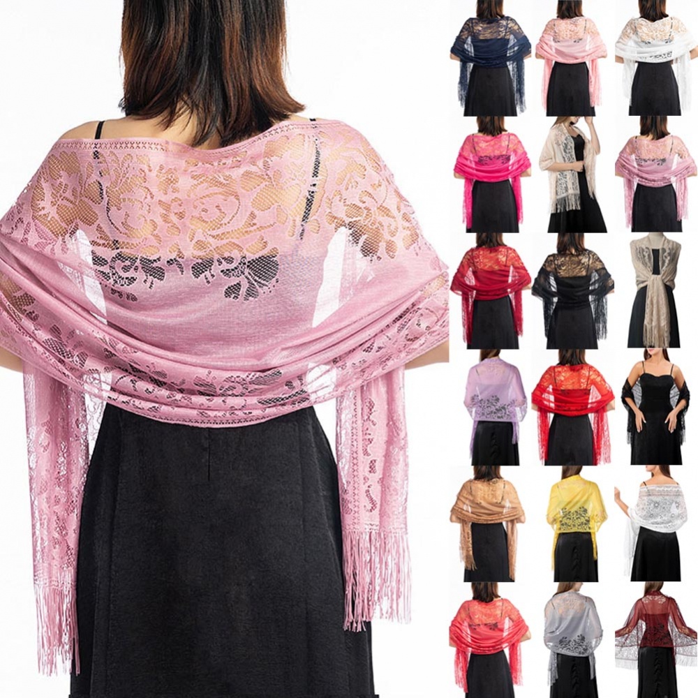 Chic Black Tulle Lace Sheer Long Shawl Scarf with Tassels for Weddings ...