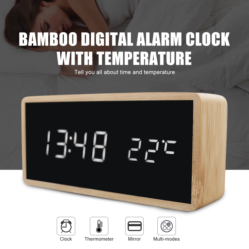 Original Bamboo Wooden Alarm Clock LED Display With Mirror Temperature ...