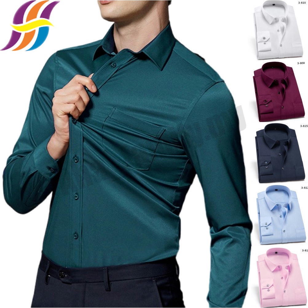 Business Shirt Men Dress Shirt Iron Free Elastic 4-way Stretch Smart ...