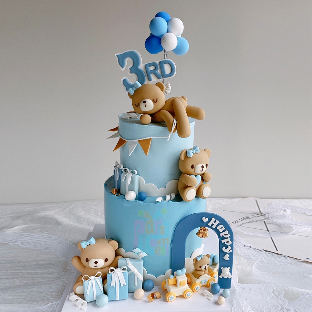 Cute Blue Bear Cake Topper Set Sitting Train Bow Tie Bear Cake ...