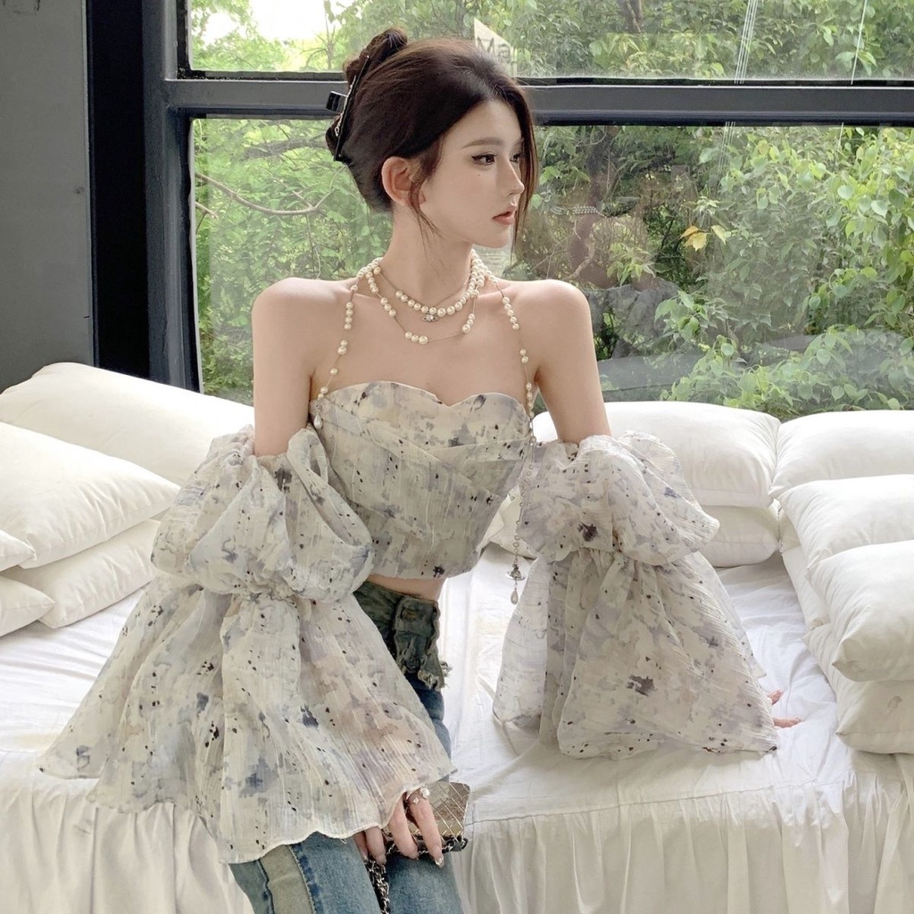 Shirts & Blouses法式碎花喇叭袖一字肩衬衫女露肩长袖衬衣短款露背设计感上衣aml6868.my7.16 | Shopee ...