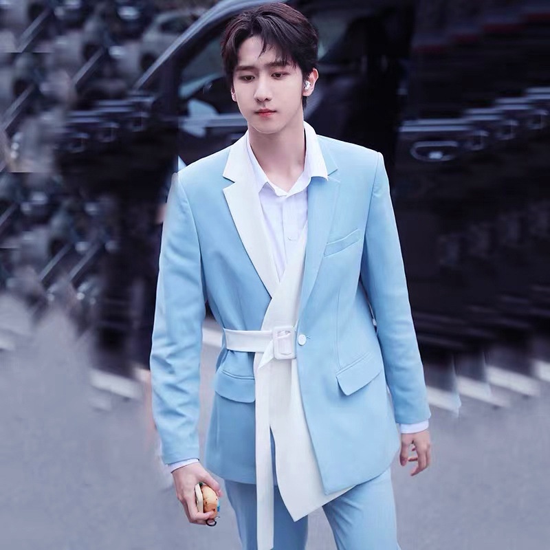 Men Fresh Style Blue White Slim-fit Belt Suit Stage Catwalk Singer ...