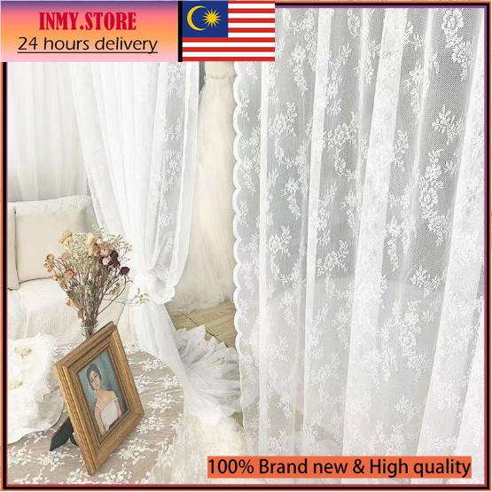 White Lace Sheer Curtain Langsir for Sliding Door Window Tulle Lace ...
