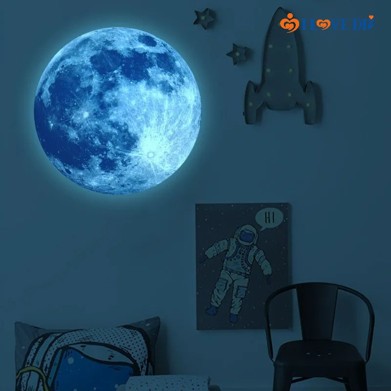 Creative Luminous Full Moon PVC Wall Sticker/ Glow In The Dark Blue ...