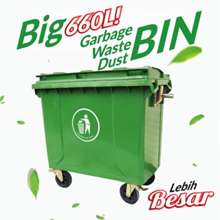 660L Tong Sampah Besar Hijau Bertutup Beroda Outdoor Dustbin with Wheel ...