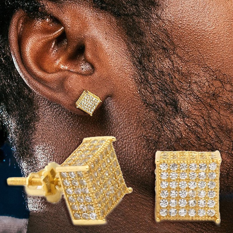 Luxury Men Stud Earrings Homme Hip Hop Rock Gold Color Bling Iced Out ...