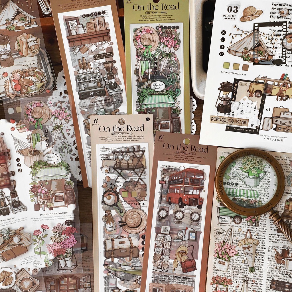 6 Pcs Vintage Stickers Set Camping Coffee Flower Theme Art Craft DIY ...
