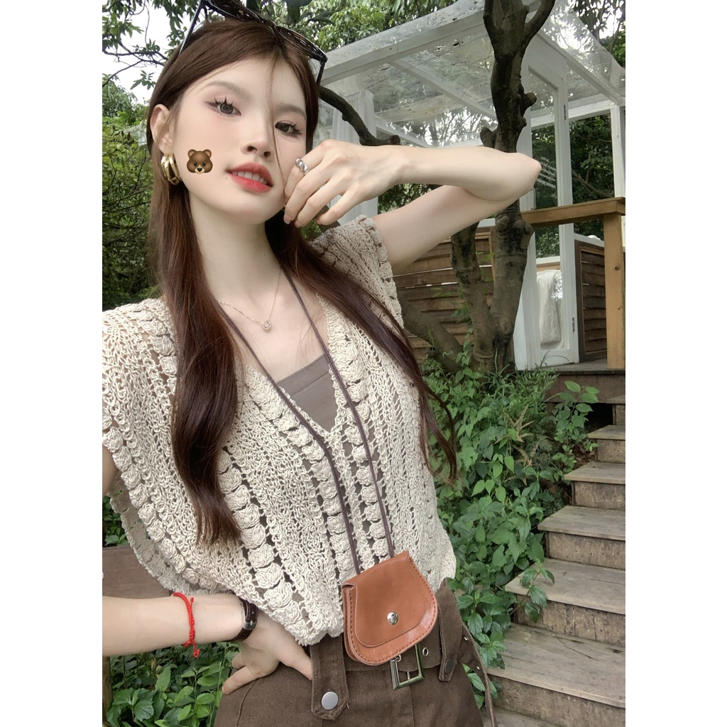 SUXI Women's Summer Korean Style Sweet Hollow Shirt V-neck Knit ...