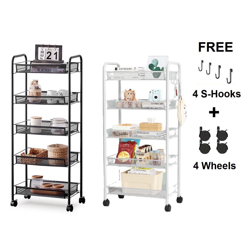 3 / 4 / 5 Tier Mesh Trolley Rack Kitchen bathroom Storage with Wheel ...