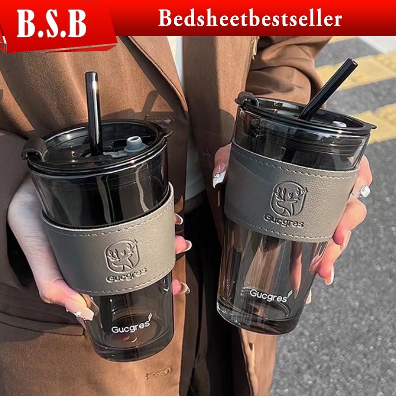 NEW 600ML Ins Glass Coffee Cup Glass Straw Cup Transparent Mug Coffee Glass Cup Cawan Coffee ...