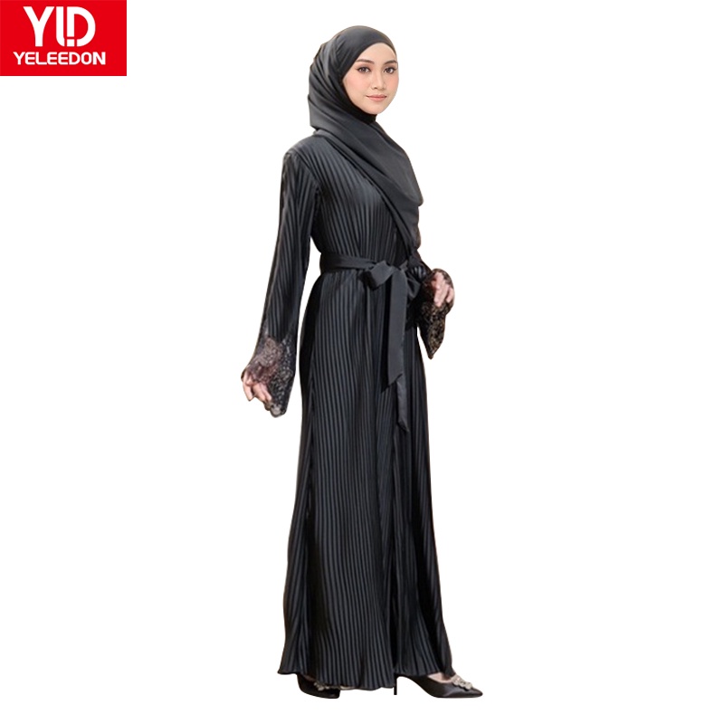Yeleedon Abaya Pleated Allium Dresses Lace Sleeves ABAYAS Muslim Jubah Muslimah Cantik Abaya ...