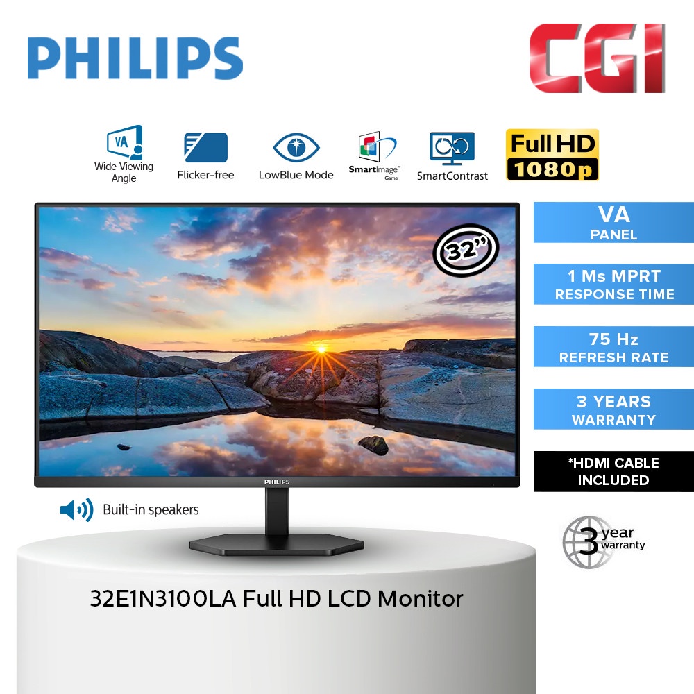 Philips 31.5" 32E1N3100LA VA FHD 75Hz 1ms Adaptive Sync Build-In Speaker Gaming Monitor | Shopee ...