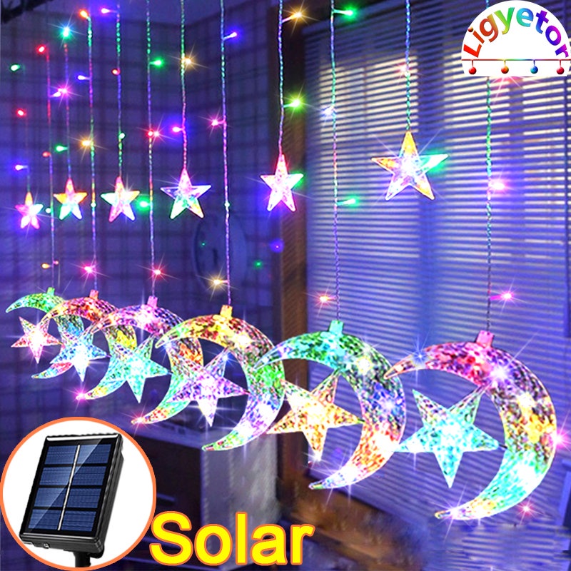 Ligyetor Lampu Raya Solar Moon Star Curtain Lights LED String Light LED ...