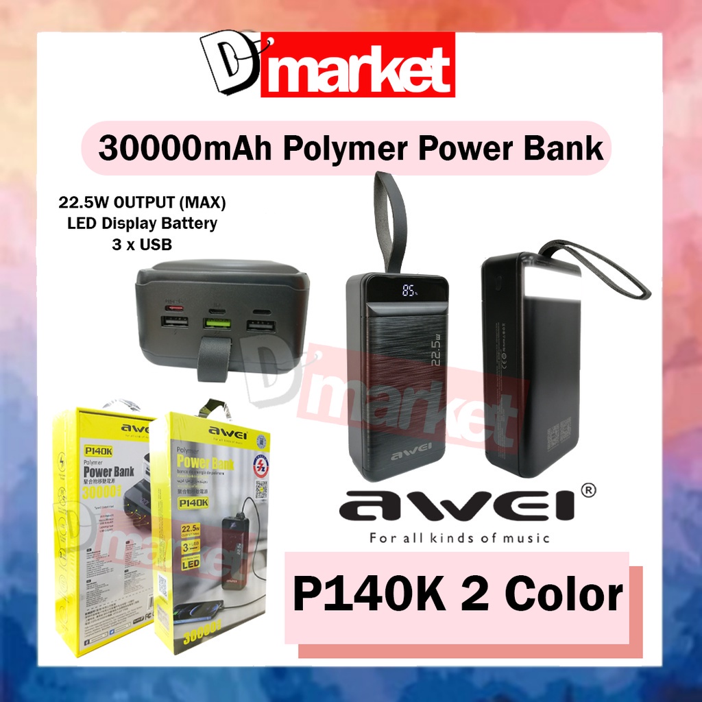 Awei P140K 30000mAh Power Bank 22.5W Output LED Display Battery ...