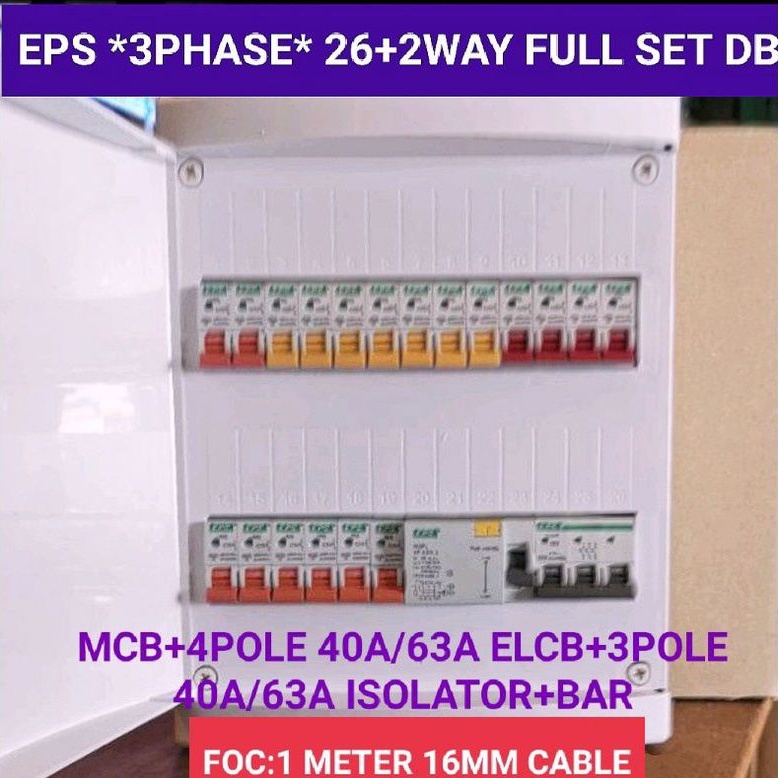 NES & EPS THREE PHASE 40A/63A Full Set 26+2WAY DB BOX WITH 4P ELCB, 3P ISOLATOR(M/SWITCH)MCB&BAR ...
