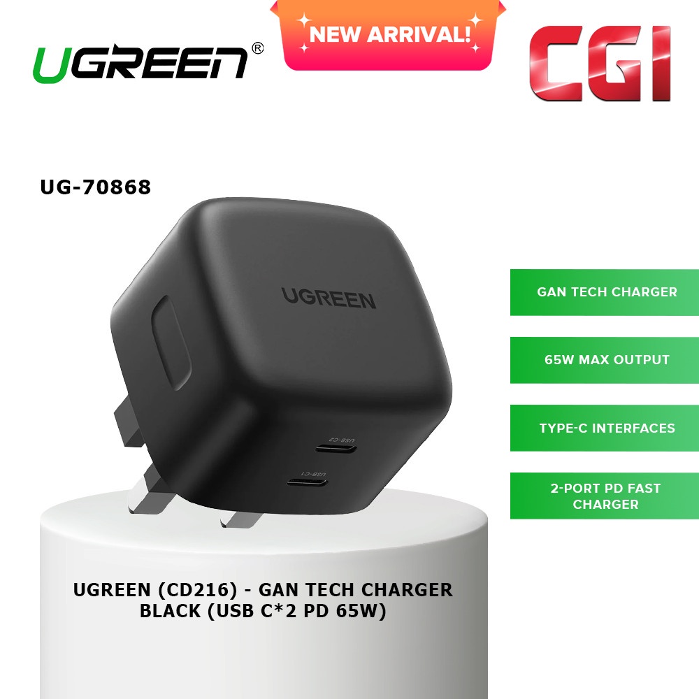 Ugreen 70868 PD 65W USB C 2 Ports Gan Tech Charger - Black CD216 ...