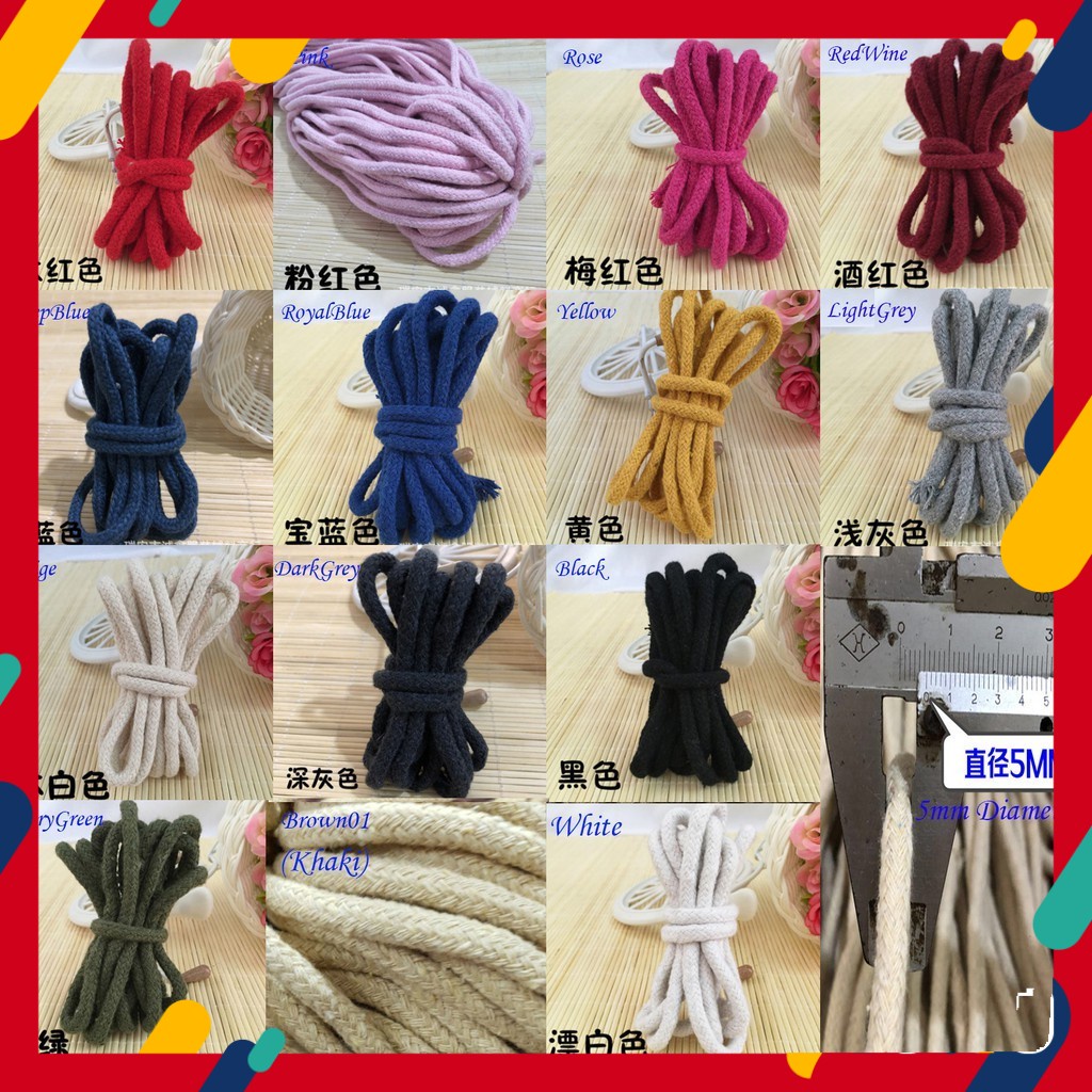 5mm Cotton Rope by meter *Solid Type* Handle DIY Bag Decoration Rope ...