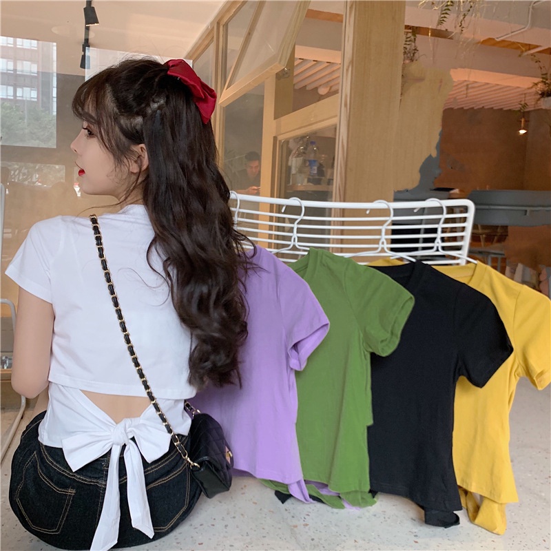 Women Short Sleeve Candy Color T-shirt Sexy Back Lace Up Crop Top ...