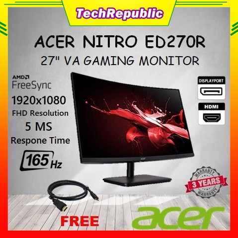ACER NITRO ED270R Pbiipx 27" VA CURVED GAMING MONITOR 165Hz / 5ms ...