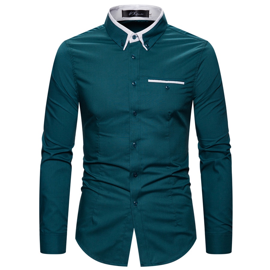 New Mens Fashion Double Neck Business Solid Casual Fit Long Sleeve